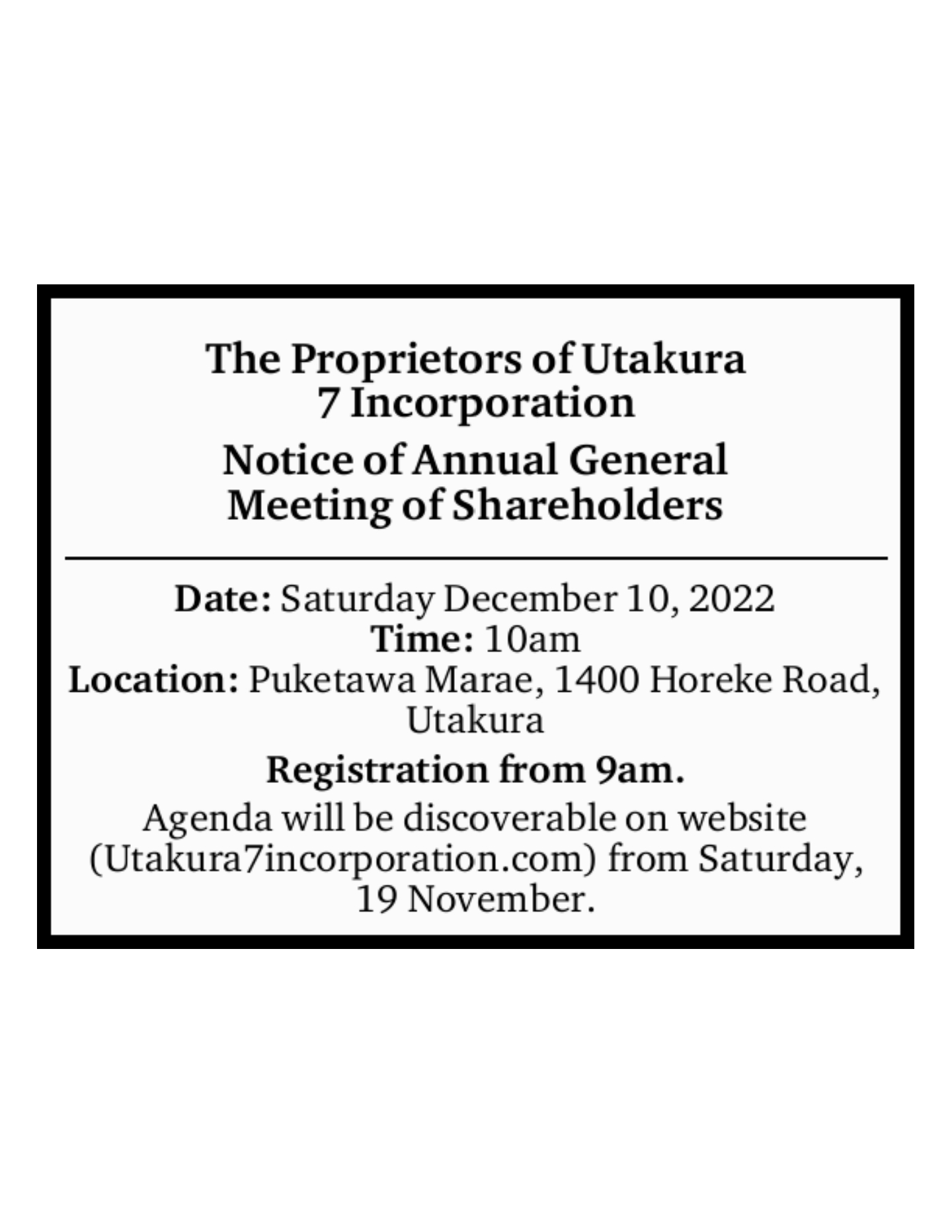 Utakura 7 Incorporation AGM 2022 – Utakura 7 Incorporation